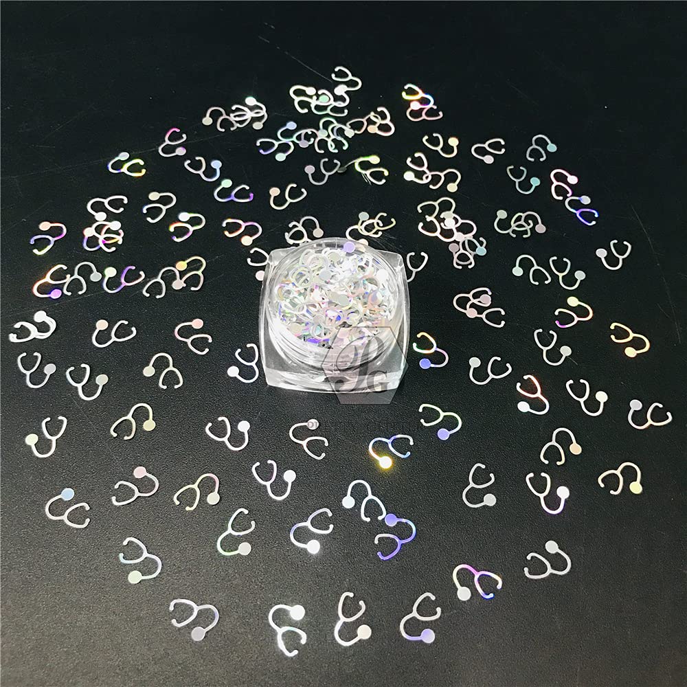 PrettyG 10 Grams/Pack -Sliver Doctor Stethoscope Shape Holographic Glitter Sequins - Festival Rave Beauty Makeup Face Body Nail Art Decoration LB100