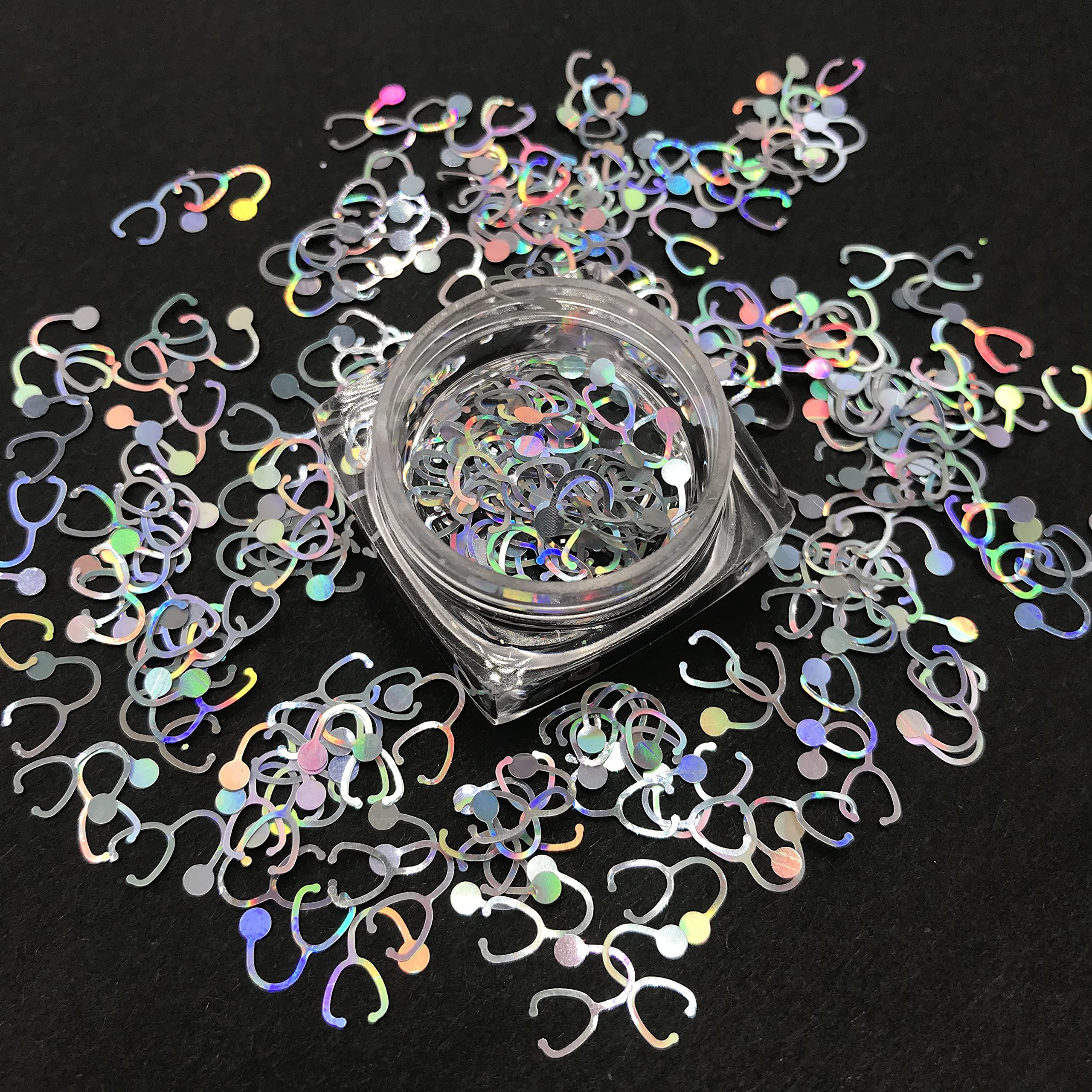 PrettyG 10 Grams/Pack -Sliver Doctor Stethoscope Shape Holographic Glitter Sequins - Festival Rave Beauty Makeup Face Body Nail Art Decoration LB100