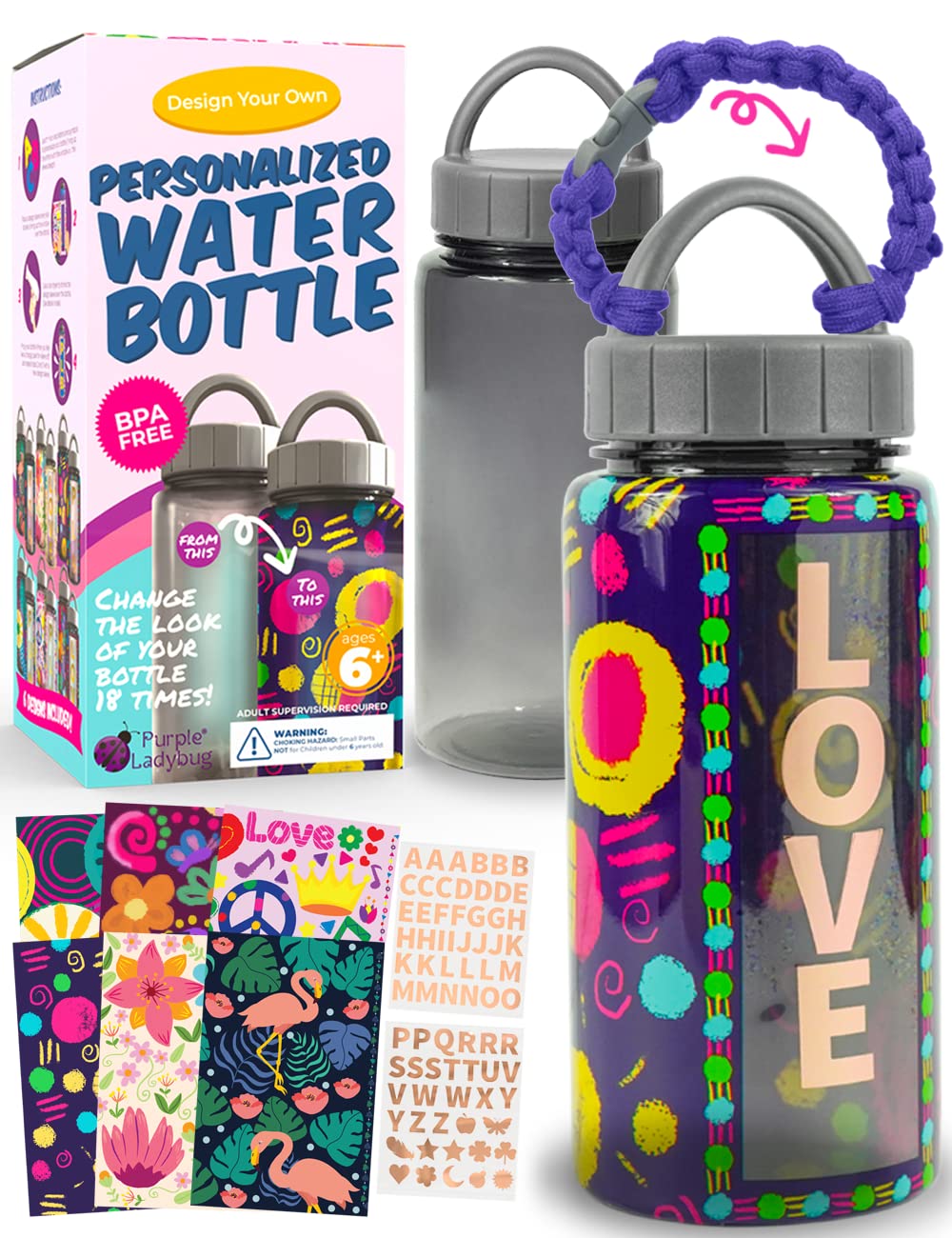 PURPLE LADYBUG Decorate Your Own Water Bottle Kits for Girls Using Shrink Wrap - Fun 6 7 8 Year Old Girl Gifts Idea, Birthday Gift for 11+ Year Old Girl, Arts and Crafts for Kids Ages 8-12