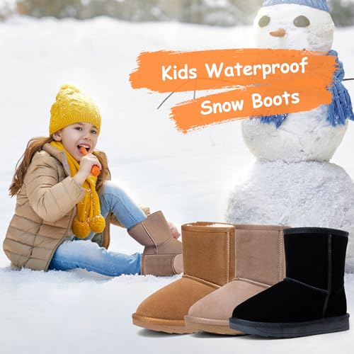 Vepose Boy's Girl's Snow Boots Black Cow Suede Leather Warm Classic Booties for Big Kids Size 4(CTX827 Black 04)