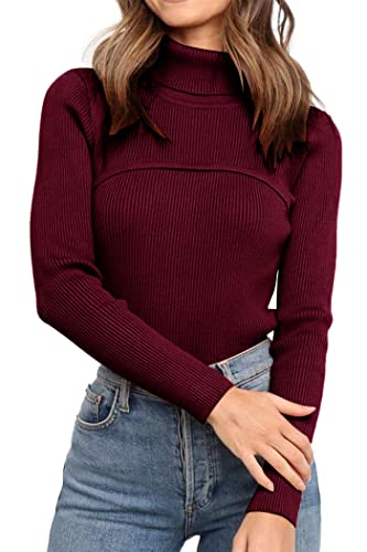 PRETTYGARDEN Women's Fall Fashion Turtleneck Pullover Sweaters Casual Long Sleeve Cable Knit Fitted Jumper Tops (Wine Red,Medium)