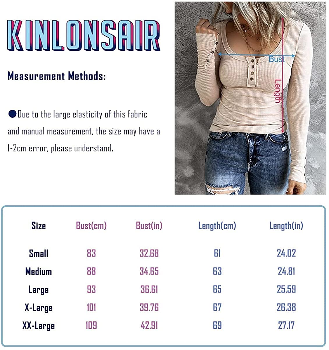 KINLONSAIR Women’s Long Sleeve Henley T Shirts Button Down Slim Fit Tops Scoop Neck Ribbed Knit Shirts Black