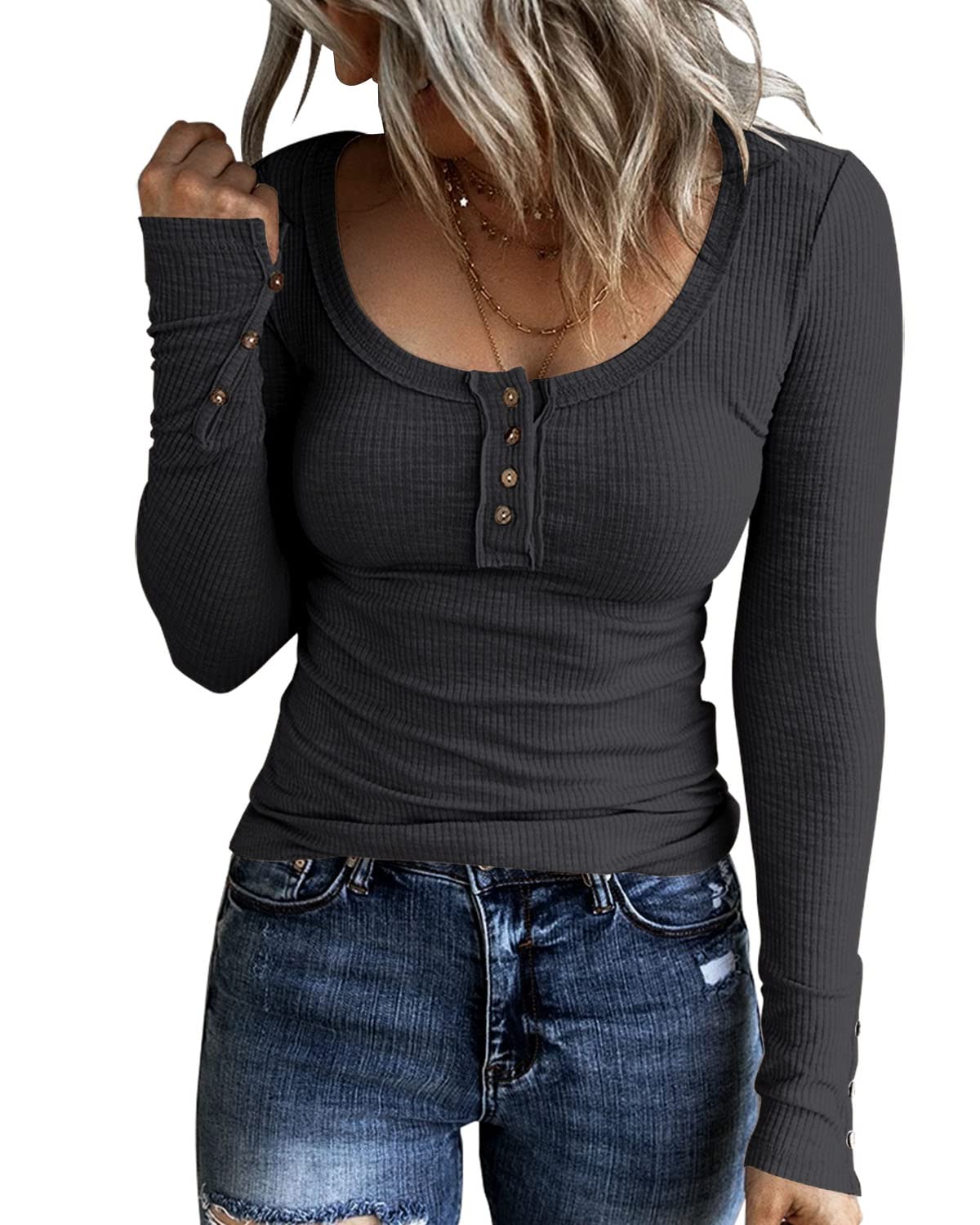 KINLONSAIR Women’s Long Sleeve Henley T Shirts Button Down Slim Fit Tops Scoop Neck Ribbed Knit Shirts Black