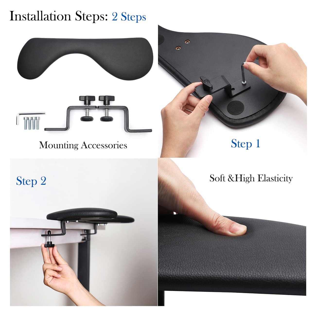 Eulps Ergonomic Forearm Support Clamp-on Leather Elbow Armrest Pad Ergonomic Desk Extender for Home and Office, Easy Typing & Pain Relief (Black)