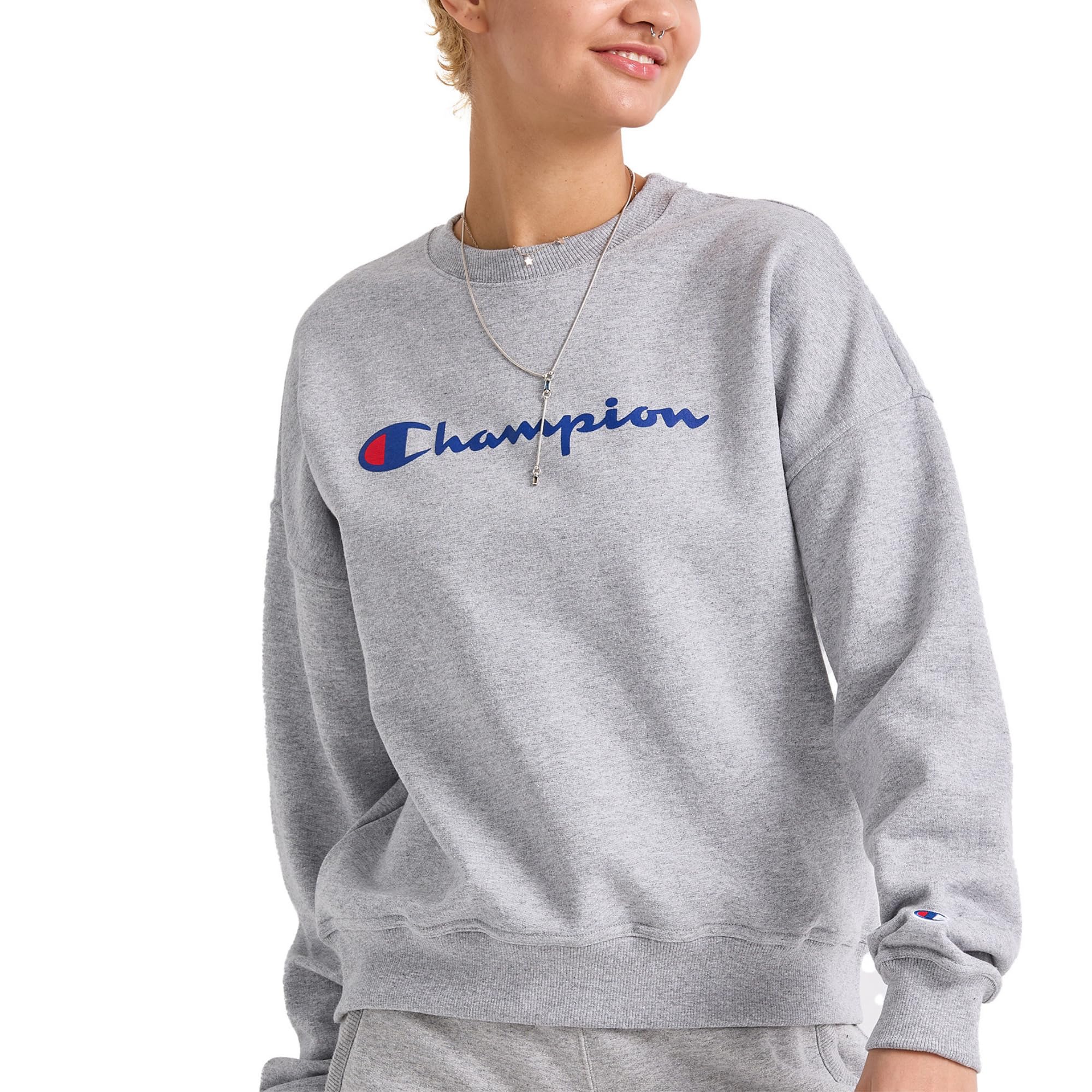 Champion Women's Sweatshirt, Powerblend, Crewneck, Sweatshirt for Women, Script (Reg. or Plus)