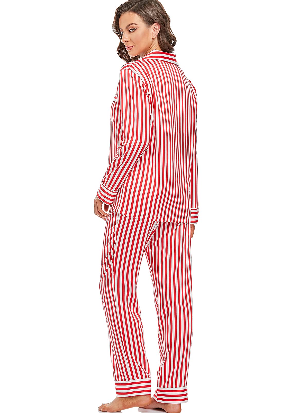 Serenedelicacy Women's Satin Pajama Set Long Sleeve Button Down Sleepwear 2-Piece Striped Silky Pj Set (Medium, Red, Striped)