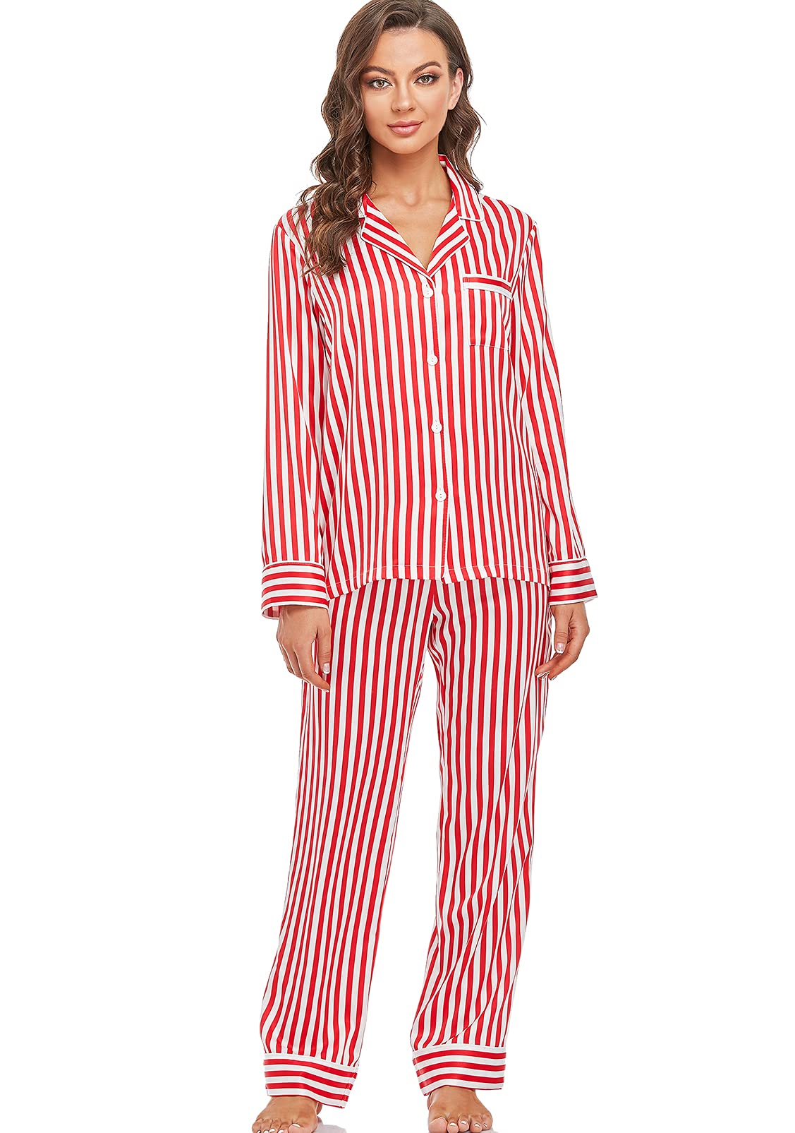 Serenedelicacy Women's Satin Pajama Set Long Sleeve Button Down Sleepwear 2-Piece Striped Silky Pj Set (Medium, Red, Striped)