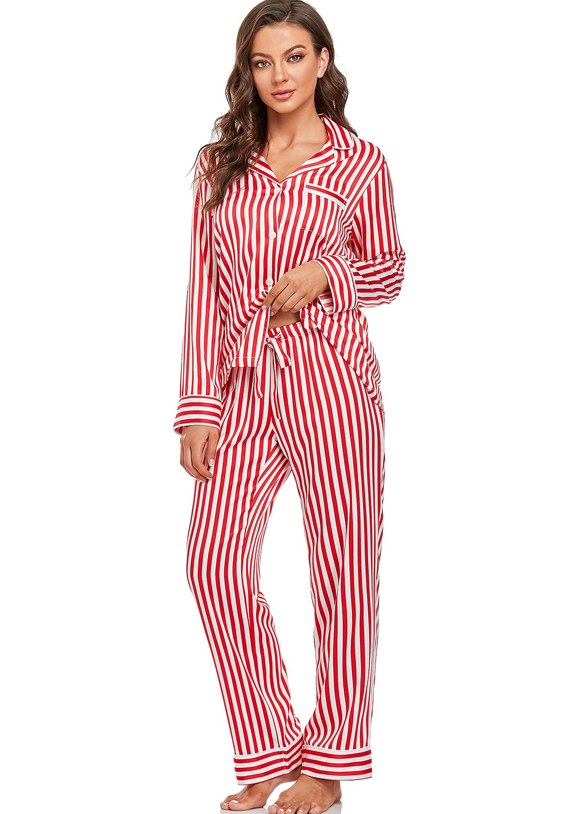 Serenedelicacy Women's Satin Pajama Set Long Sleeve Button Down Sleepwear 2-Piece Striped Silky Pj Set (Medium, Red, Striped)