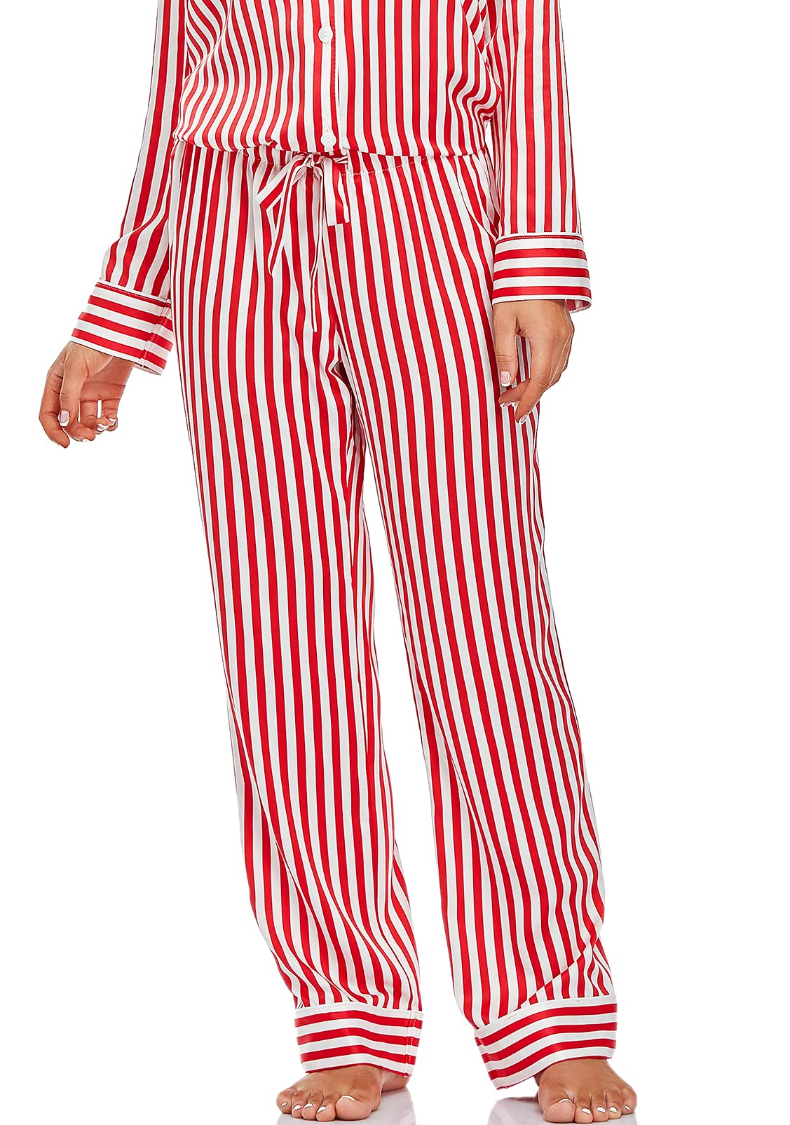 Serenedelicacy Women's Satin Pajama Set Long Sleeve Button Down Sleepwear 2-Piece Striped Silky Pj Set (Medium, Red, Striped)
