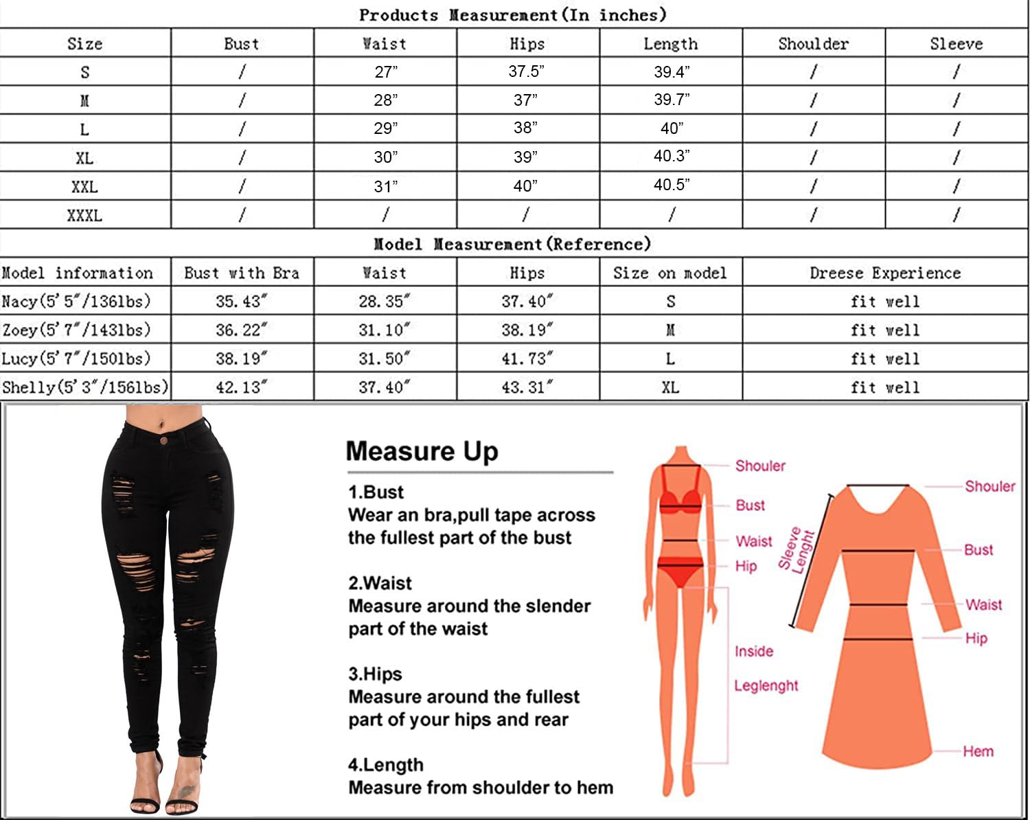 TKMUNY Women's High Rise Stretch Skinny Ripped Jeans Distressed Denim Leggings (XL) Black