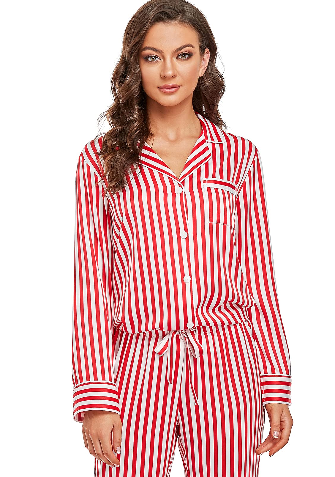 Serenedelicacy Women's Satin Pajama Set Long Sleeve Button Down Sleepwear 2-Piece Striped Silky Pj Set (Medium, Red, Striped)