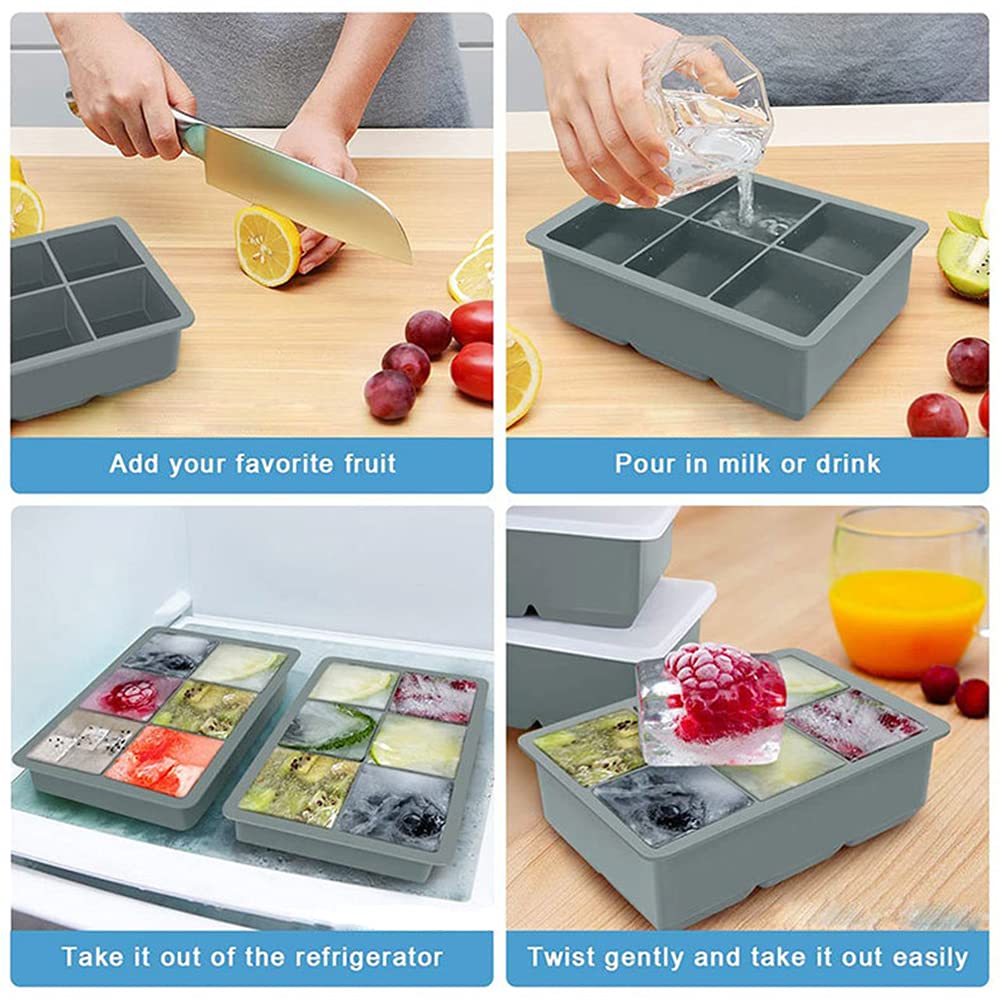 Ice Cube Tray With Lids Large Size Silicone Flexible 6 Cavity Ice Maker for Whiskey and Cocktails or Homemade, Keep Drinks Chilled Reusable and BPA Free 2 Pack