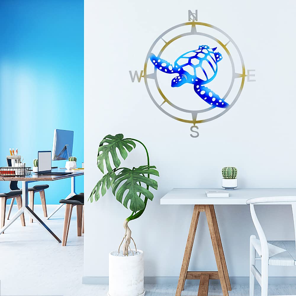 SVEIKS Sea Turtle Wall Art Decor, 15.75" Ocean Themed Round Metal Compass for Indoor Outdoor Living Room Bathroom Hallway Garden Deck