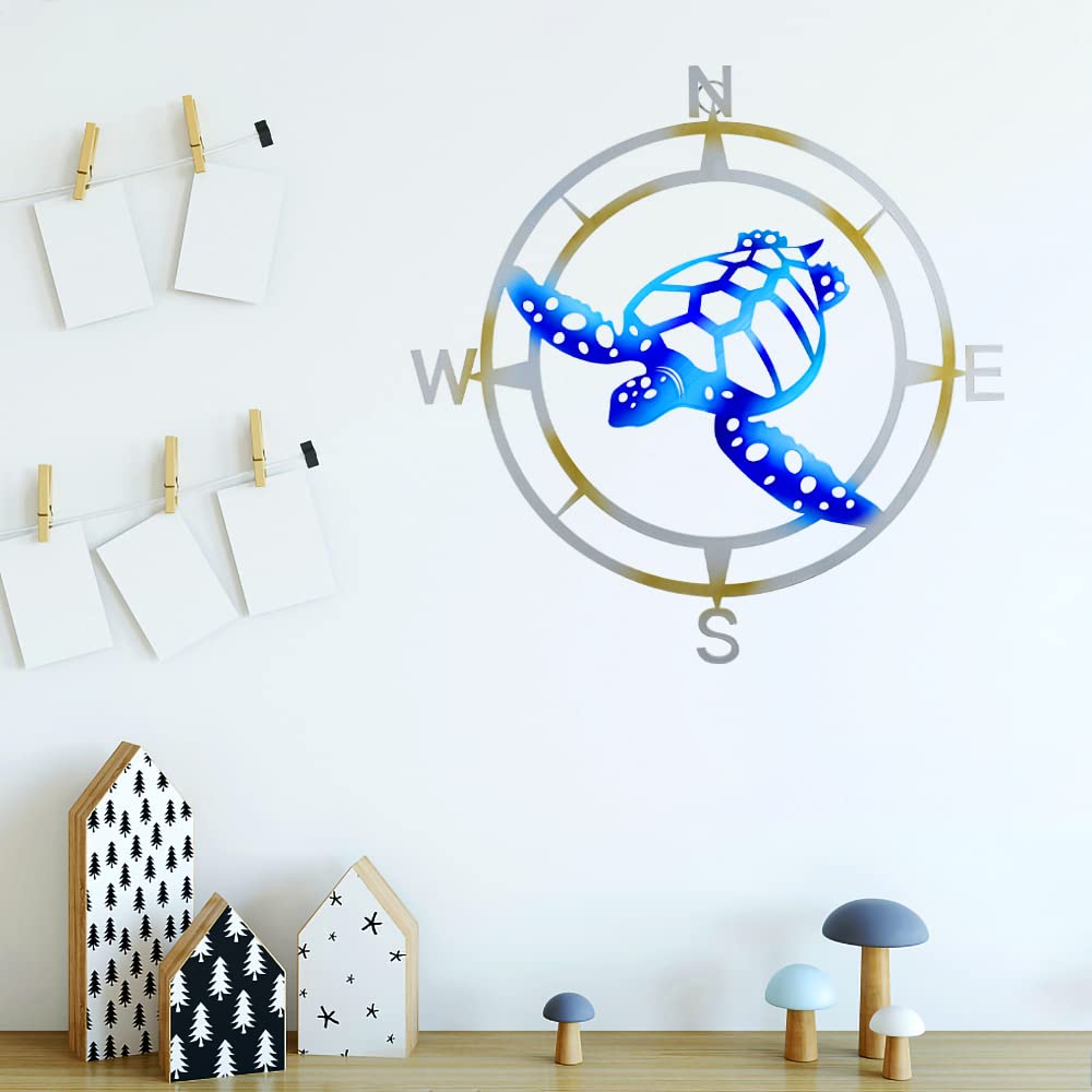 SVEIKS Sea Turtle Wall Art Decor, 15.75" Ocean Themed Round Metal Compass for Indoor Outdoor Living Room Bathroom Hallway Garden Deck