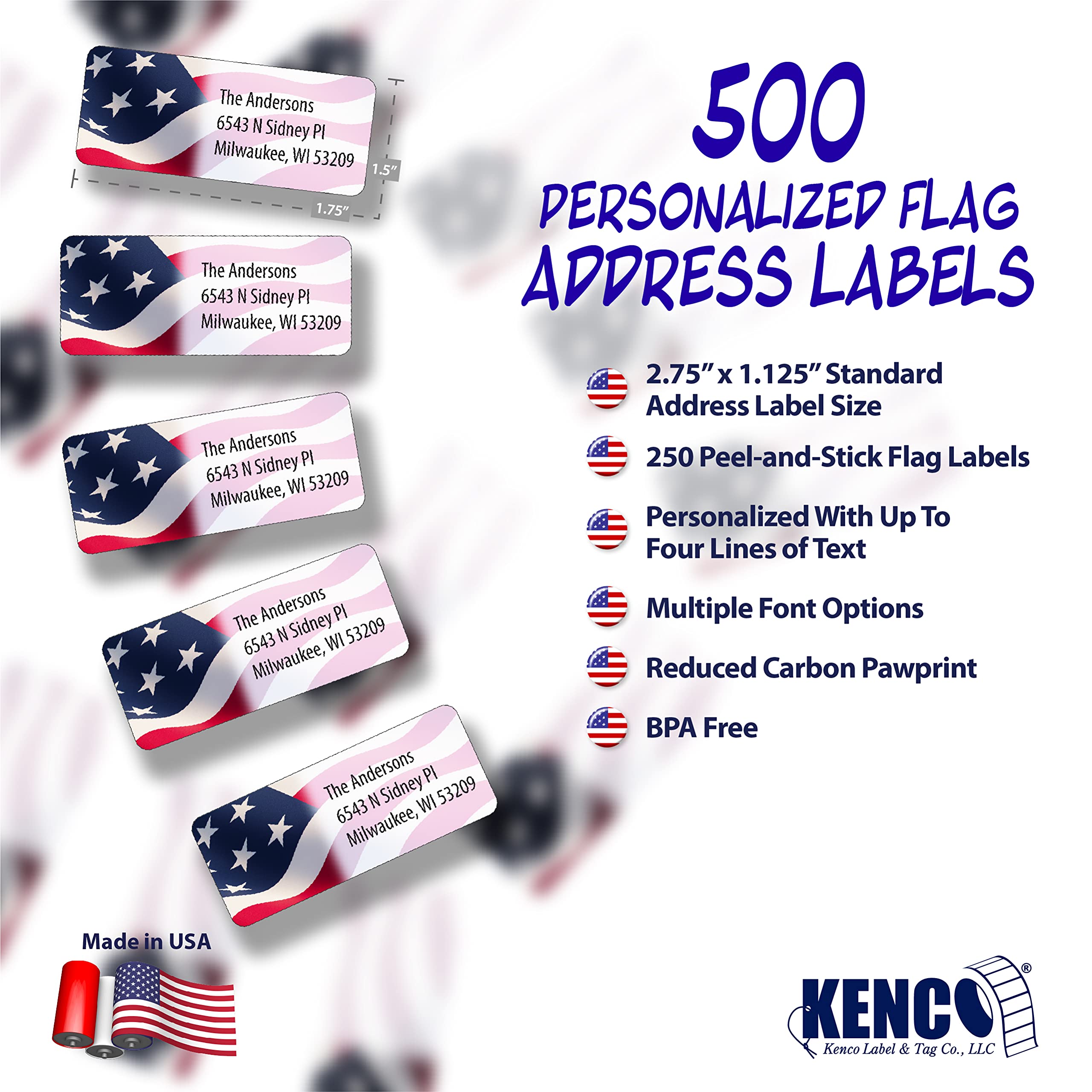 Customized Personalized Address Labels - Made in The USA by Kenco (500 Labels, American Flag)