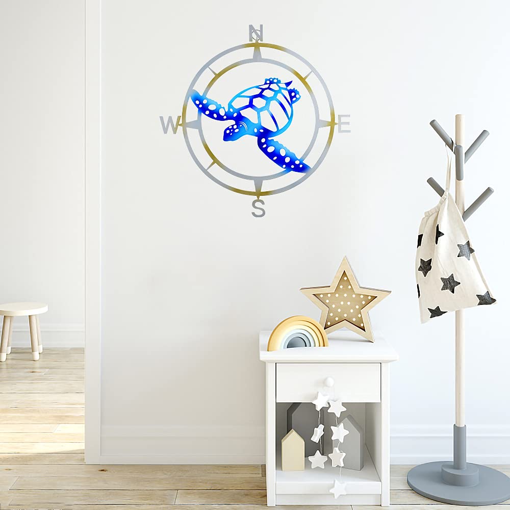 SVEIKS Sea Turtle Wall Art Decor, 15.75" Ocean Themed Round Metal Compass for Indoor Outdoor Living Room Bathroom Hallway Garden Deck