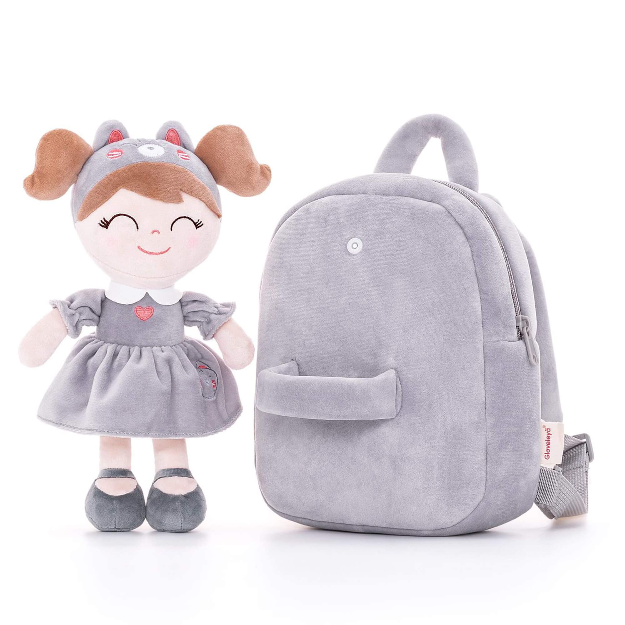 Gloveleya Cat Backpack Toddler Backpack Soft Plush Backpack with Plush Doll Gray