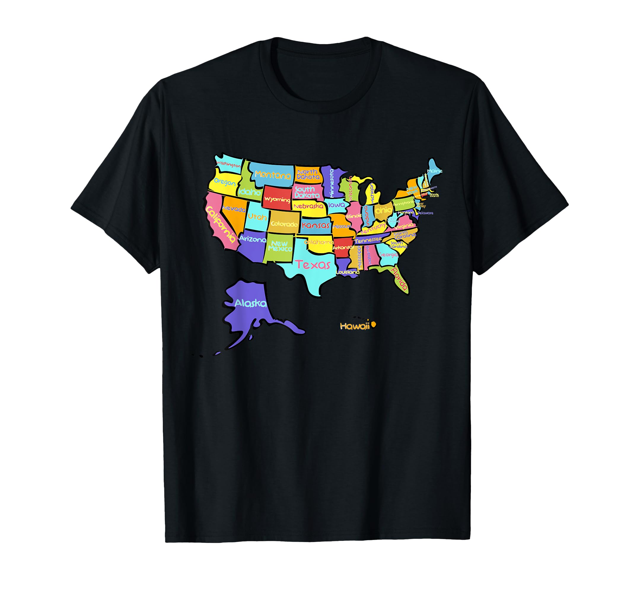 Colour Art Map of USA, State Names, United States T-Shirt