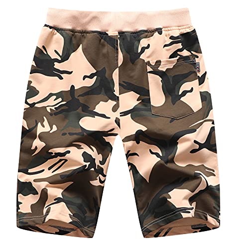 Big Boy's Cotton Casual Classic Fit 8 Inch Inseam Elastic Waist Knit Shorts with Drawstring Pockets Youth 14 Khaki Camouflage