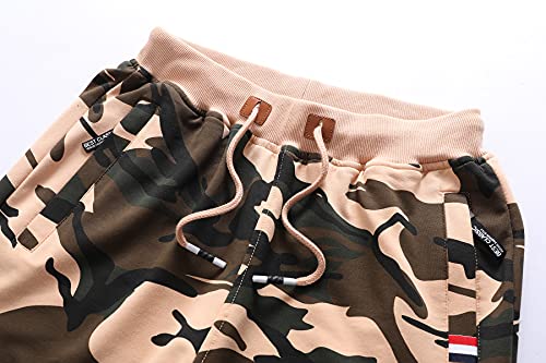 Big Boy's Cotton Casual Classic Fit 8 Inch Inseam Elastic Waist Knit Shorts with Drawstring Pockets Youth 14 Khaki Camouflage