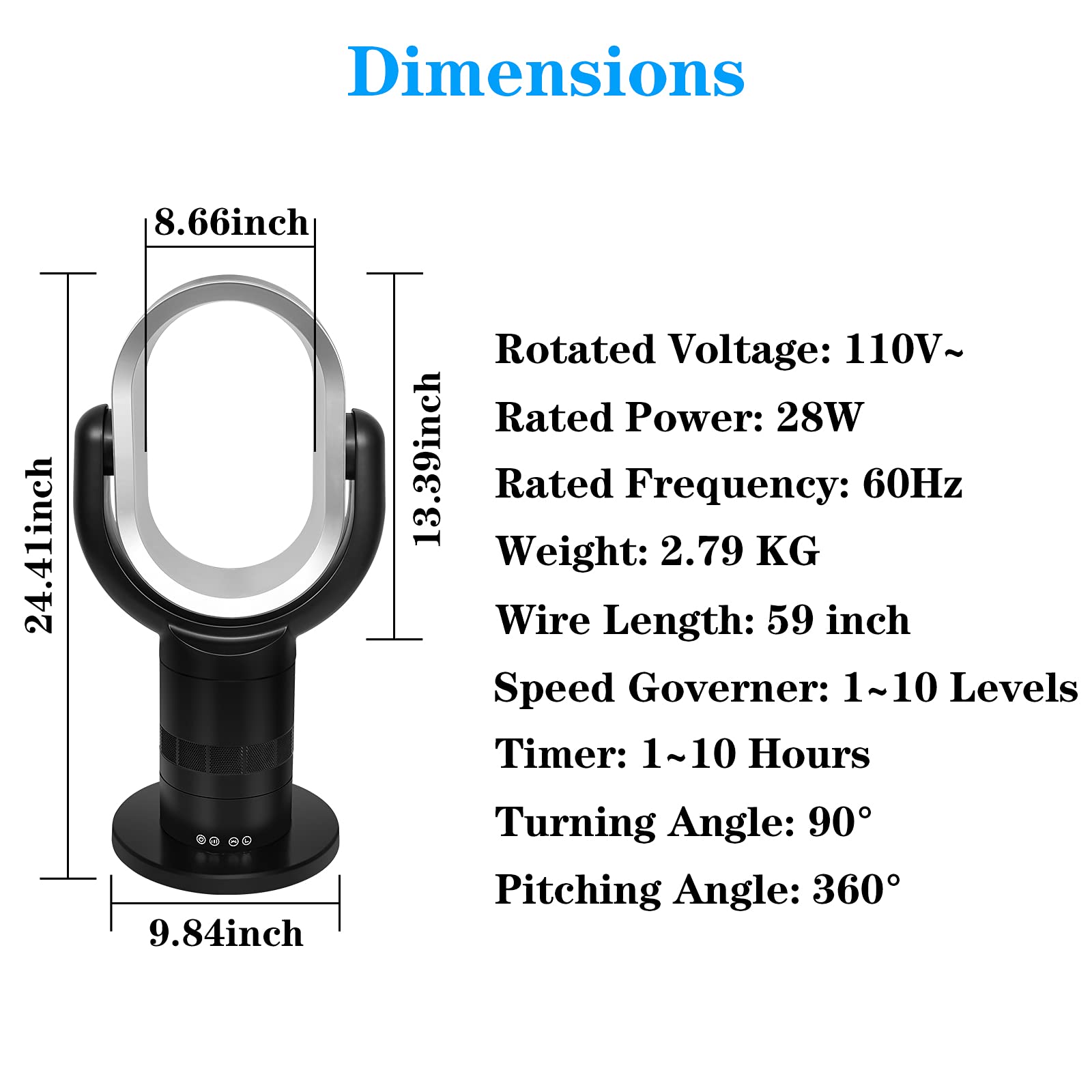 HealSmart Medium size portable bladeless fan, small table fan, 10 speeds settings, 10-hour timing closure bladeless fan, stylish and modern fan, low noise, lightweight, 24 inches, black