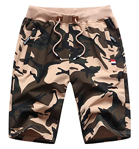 Big Boy's Cotton Casual Classic Fit 8 Inch Inseam Elastic Waist Knit Shorts with Drawstring Pockets Youth 14 Khaki Camouflage