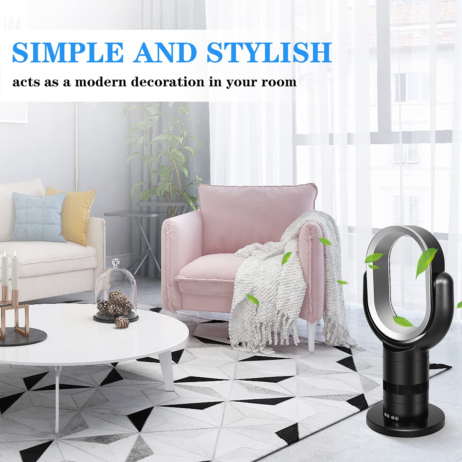 HealSmart Medium size portable bladeless fan, small table fan, 10 speeds settings, 10-hour timing closure bladeless fan, stylish and modern fan, low noise, lightweight, 24 inches, black