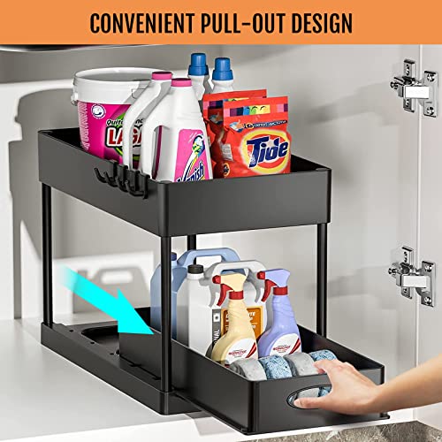 Multi-purpose Under Sink Shelf Organizer - 2-Tier Sliding Storage Drawer Basket Hollow Design Storage Organizer with Hooks,Support Tubes,Antil-slip pads,Suitable for Kitchen Bathroom (Single pull)