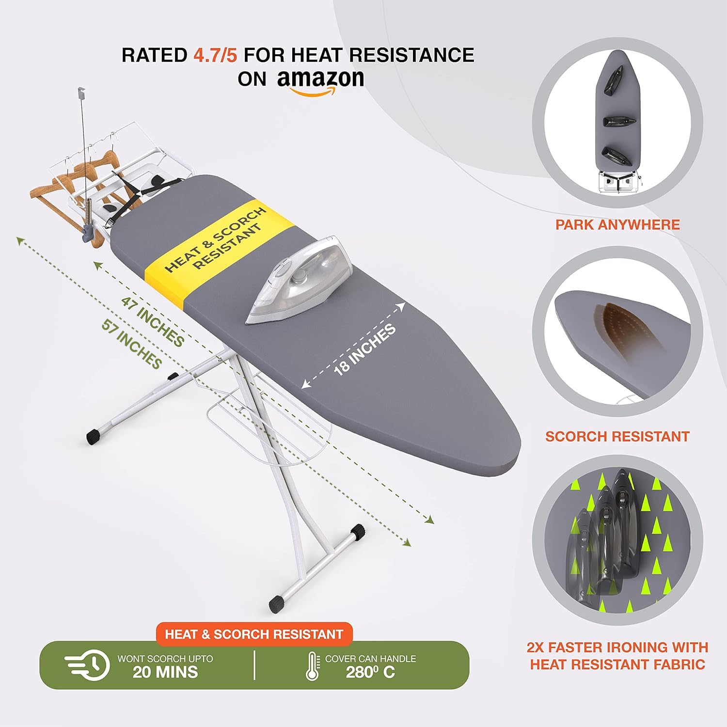 Xabitat Full Size Ironing Board 57" X 18" with Wall Mount Hanger, Full Metal Construction Iron Board, Built in Iron Caddy, Heat & Scorch Resistant Fabric, Cord Holder, Anti-Skid Feet, Heavy Duty