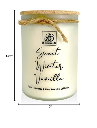 BB Candles Winter & Fall Collection - Natural Soy Hand Poured Fragrant Candles, Frosted Jars with Bamboo Lid, Ideal for Home Decor & Relaxation, 90+ Hours Burn Time, 12oz (Sweet Winter Vanilla)