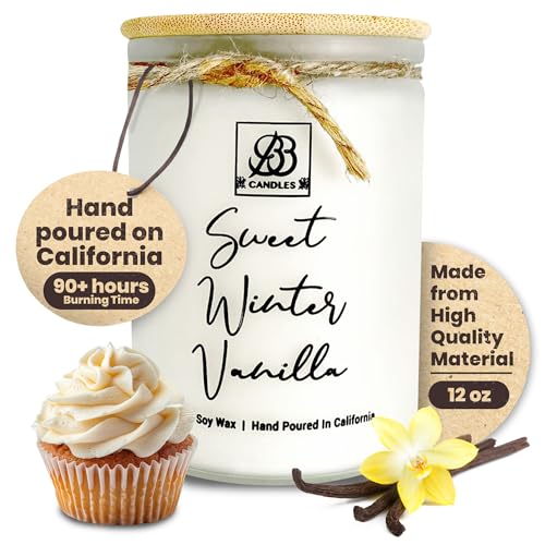 BB Candles Winter & Fall Collection - Natural Soy Hand Poured Fragrant Candles, Frosted Jars with Bamboo Lid, Ideal for Home Decor & Relaxation, 90+ Hours Burn Time, 12oz (Sweet Winter Vanilla)