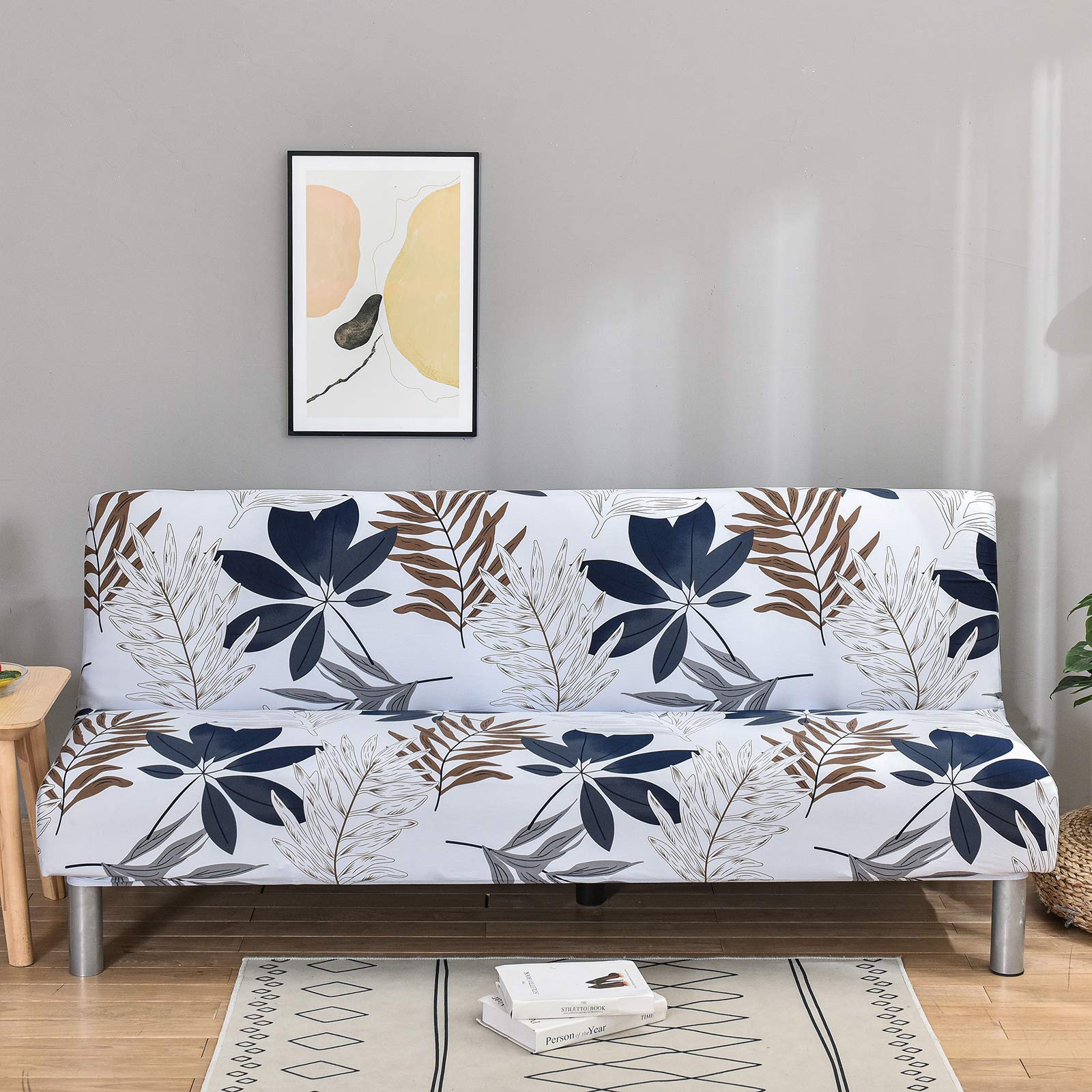 MIFXIN Armless Sofa Cover Futon Slipcover Stretch Elastic Polyester Folding Sofa Bed Non-Armrest Couch Furniture Protector Spandex Printed Washable Sofa Cover Without Armrests (Grey Blue Leaf)