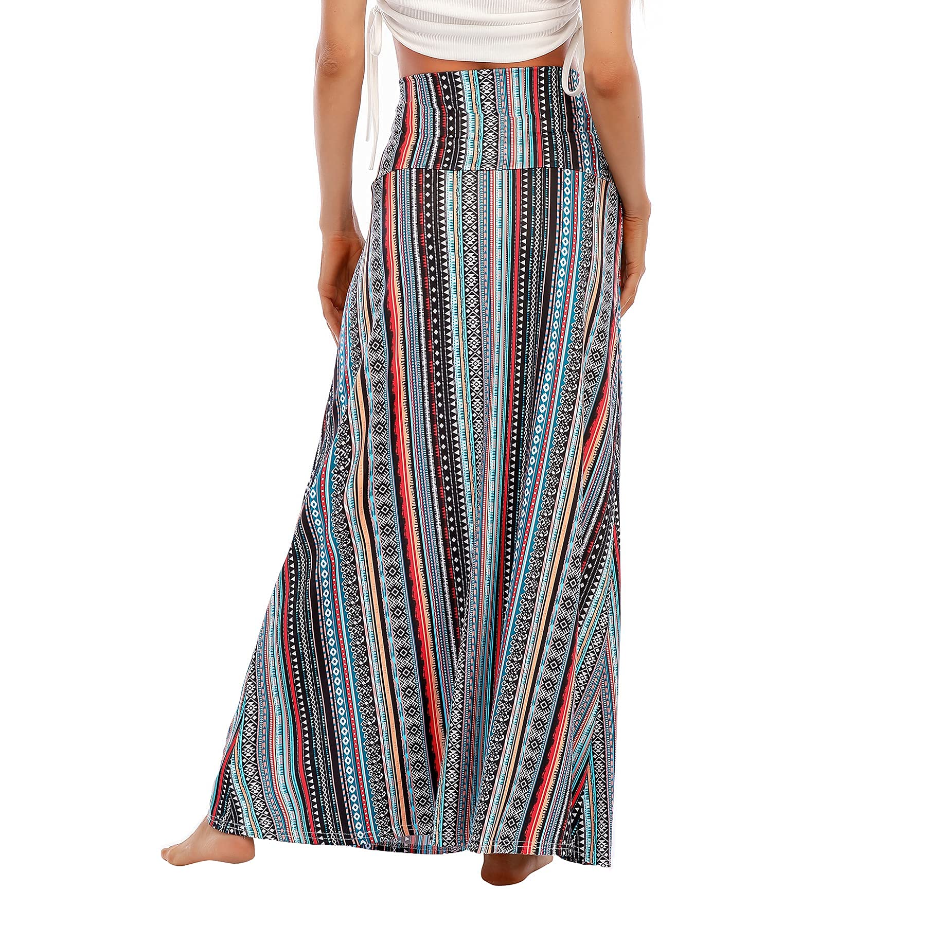 Zando Long Skirts for Women High Waisted Maxi Skirt Casual Trendy Dresses Fold-Over Workout Stretchy Flared Flower Skirt for Girls Geometric Stripe Medium