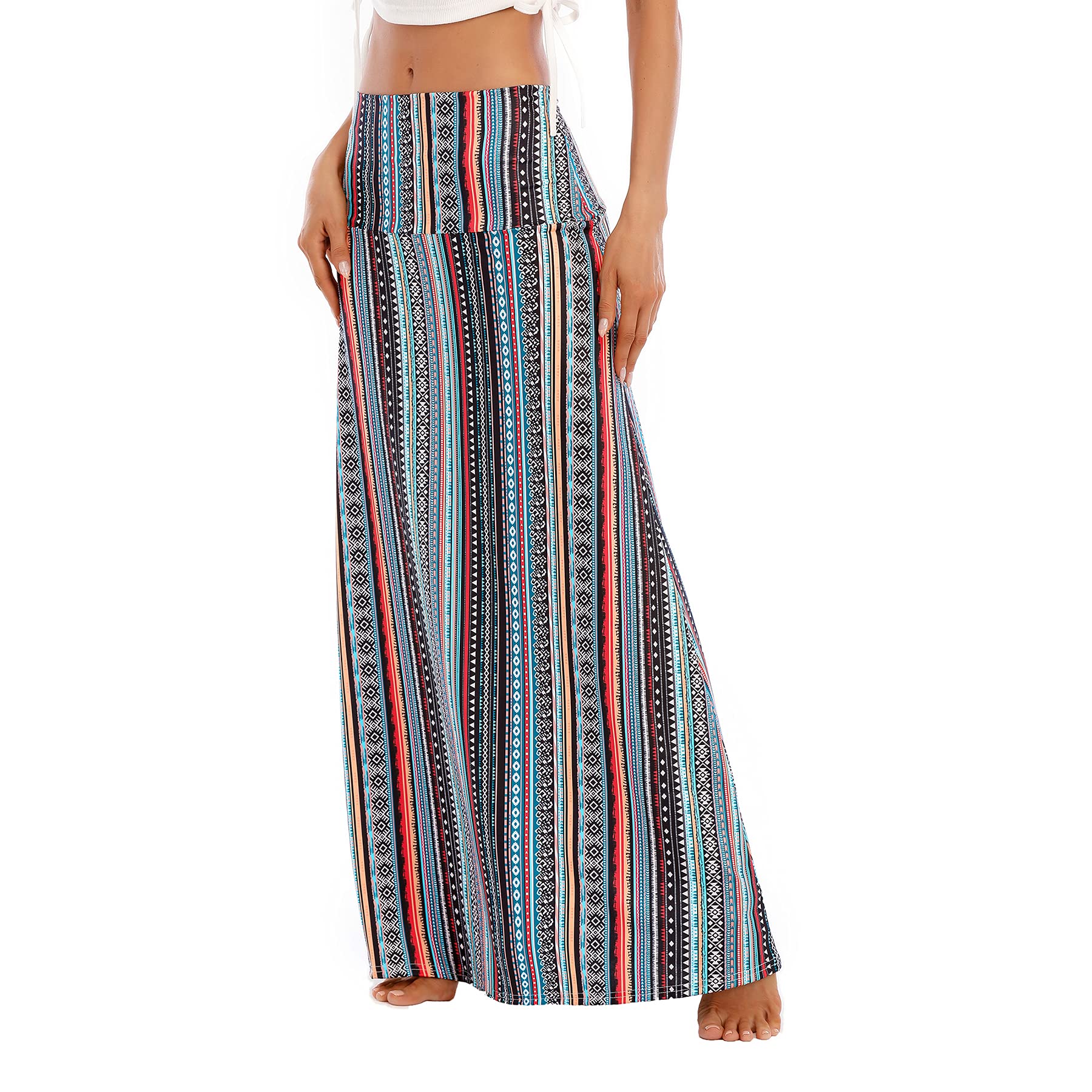 Zando Long Skirts for Women High Waisted Maxi Skirt Casual Trendy Dresses Fold-Over Workout Stretchy Flared Flower Skirt for Girls Geometric Stripe Medium