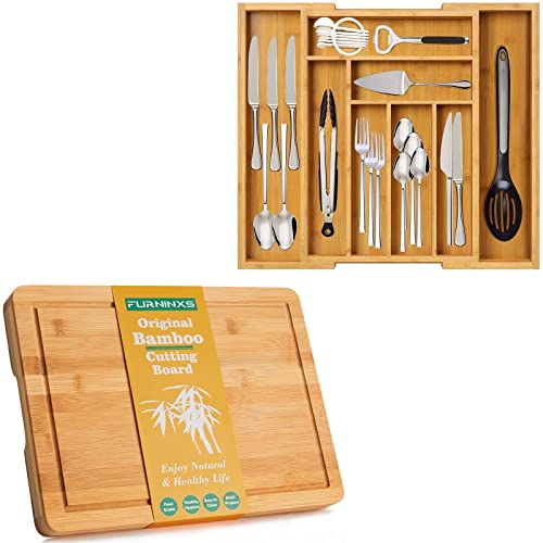 Thick Bamboo Cutting Board and Bamboo Kitchen Drawer Organizer Large Silverware Tray for Spoon Fork Flatware (7-9 Slot)