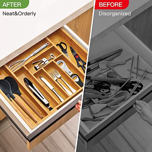 Thick Bamboo Cutting Board and Bamboo Kitchen Drawer Organizer Large Silverware Tray for Spoon Fork Flatware (7-9 Slot)