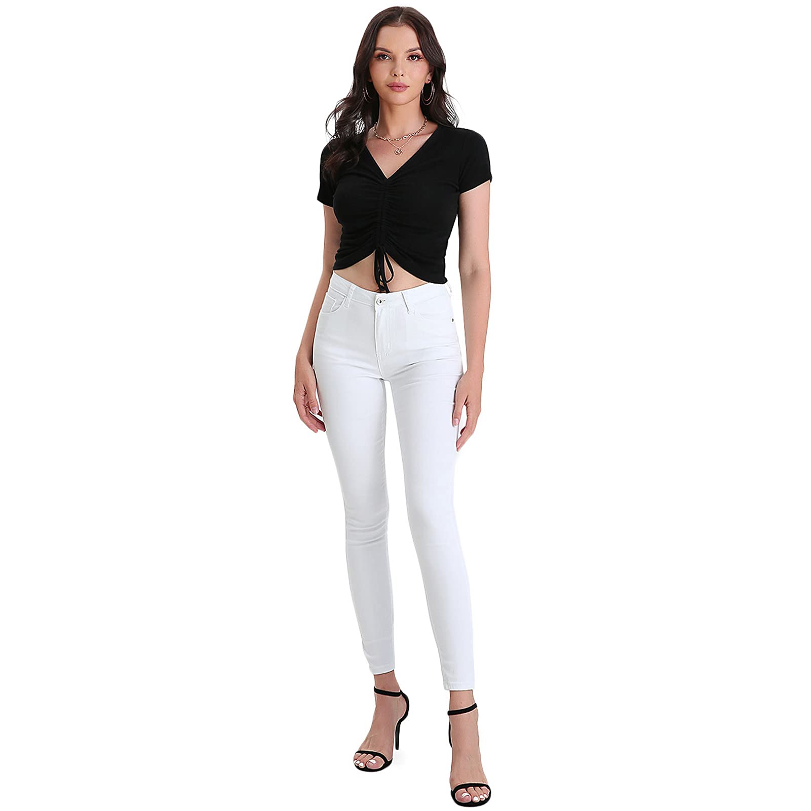 JEANIR Women's High Waisted Stretchy Super Skinny Jeans Black Leggings Casual Pants White Tights with Pockets (White, Large, l)