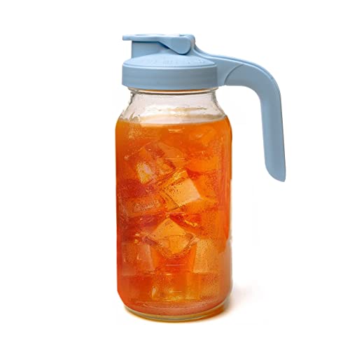 County Line Kitchen - Heavy Duty Glass Mason Jar Pitcher - Wide Mouth, 2 Quart (64 oz / 1.9 Liter), Sky Blue