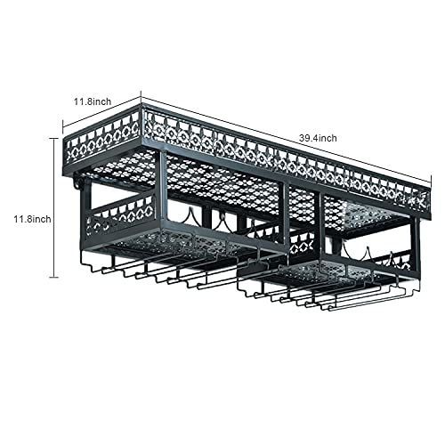 Industrial Wine Rack Cabinet Upside Down Wine Glass Bar Glass Rack Hanging Wall Wine Rack Include Wall-Mounted Wine Rack Wall Shelf 16-24 Wine Glasses Cases (39.4" x 11.8" x 11.8" Double Layer)