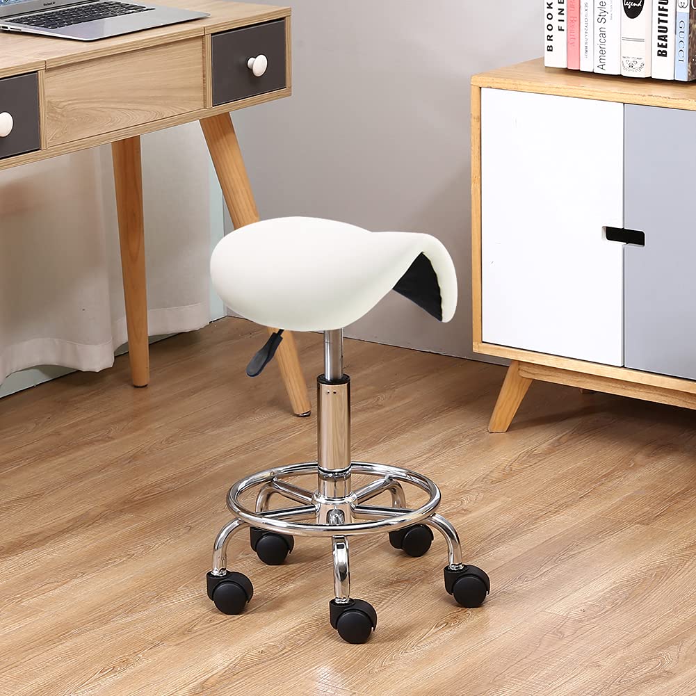 KKTONER Saddle Stool with Foot Rest PU Leather Swivel Adjustable Rolling Stool with Wheels Facial Salon Chair (White)