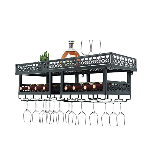 Industrial Wine Rack Cabinet Upside Down Wine Glass Bar Glass Rack Hanging Wall Wine Rack Include Wall-Mounted Wine Rack Wall Shelf 16-24 Wine Glasses Cases (39.4" x 11.8" x 11.8" Double Layer)