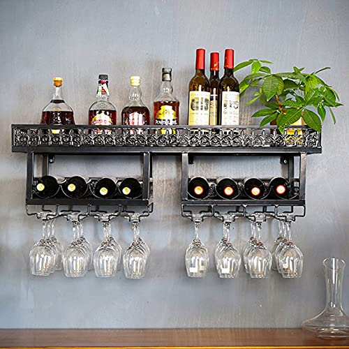 Industrial Wine Rack Cabinet Upside Down Wine Glass Bar Glass Rack Hanging Wall Wine Rack Include Wall-Mounted Wine Rack Wall Shelf 16-24 Wine Glasses Cases (39.4" x 11.8" x 11.8" Double Layer)