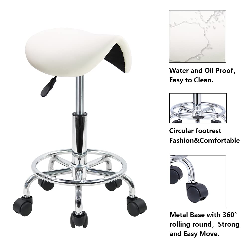 KKTONER Saddle Stool with Foot Rest PU Leather Swivel Adjustable Rolling Stool with Wheels Facial Salon Chair (White)