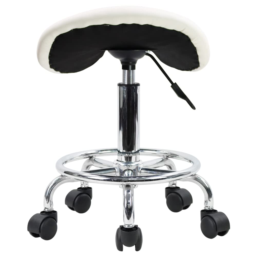KKTONER Saddle Stool with Foot Rest PU Leather Swivel Adjustable Rolling Stool with Wheels Facial Salon Chair (White)