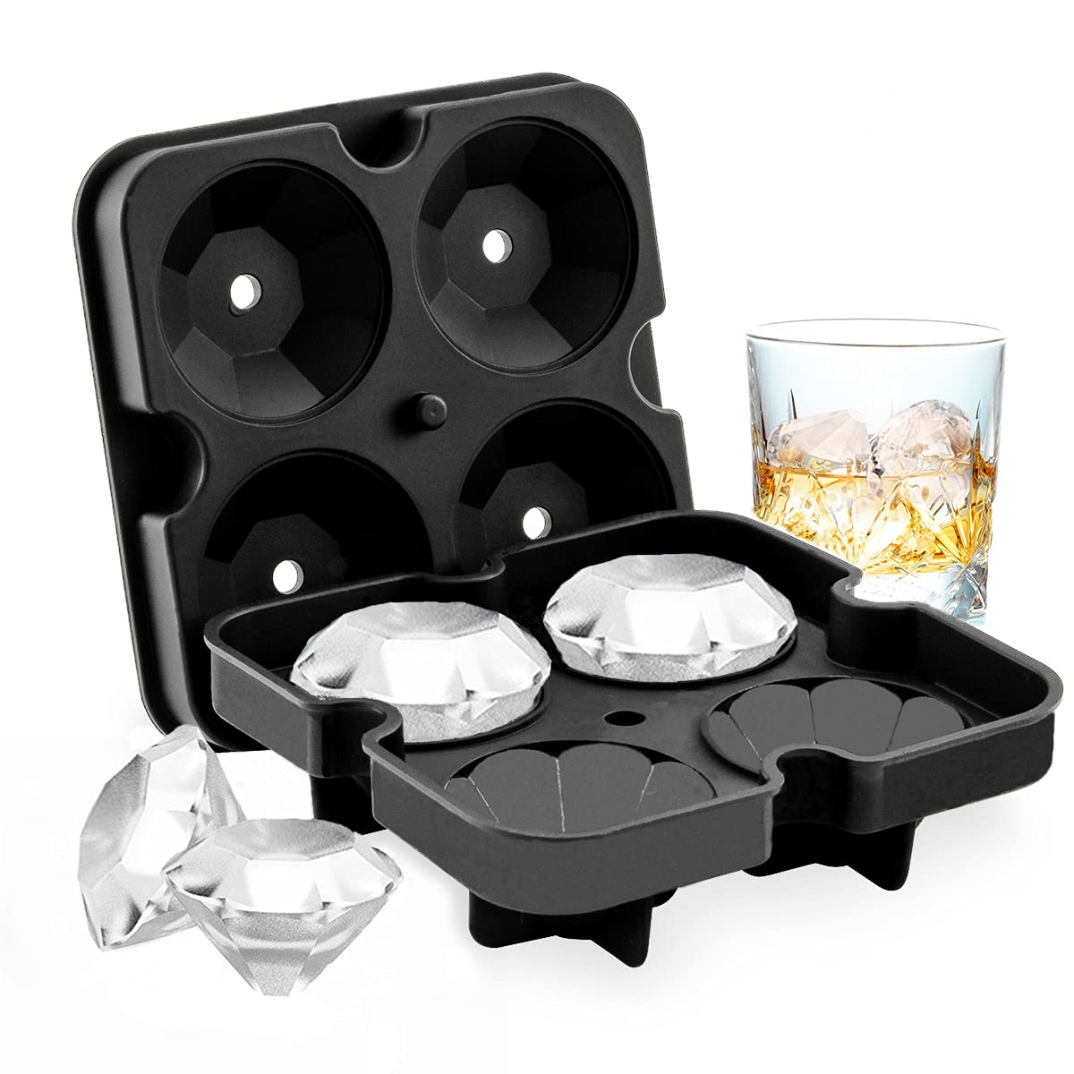 2 Pack Large Ice Cube Trays, incluing Diamond Ice Cube Molds& Giant Square Ice Cube Trays, Silicone 3D Diamond ice Cube maker with Lids Covers for Christmas Bourbon Whiskey, Reusable and BPA Free
