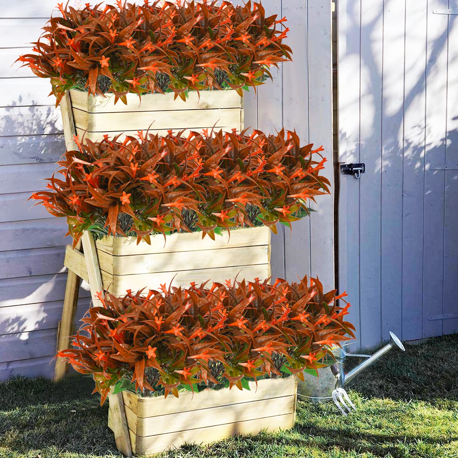 Uieke 6Pcs Outdoor Artificial Plants UV Resistant Fake Flowers Plastic Plants Morning Glory Greenery Shrubs for Outside Home Garden Patio Window Box Summer Fall Décor Red