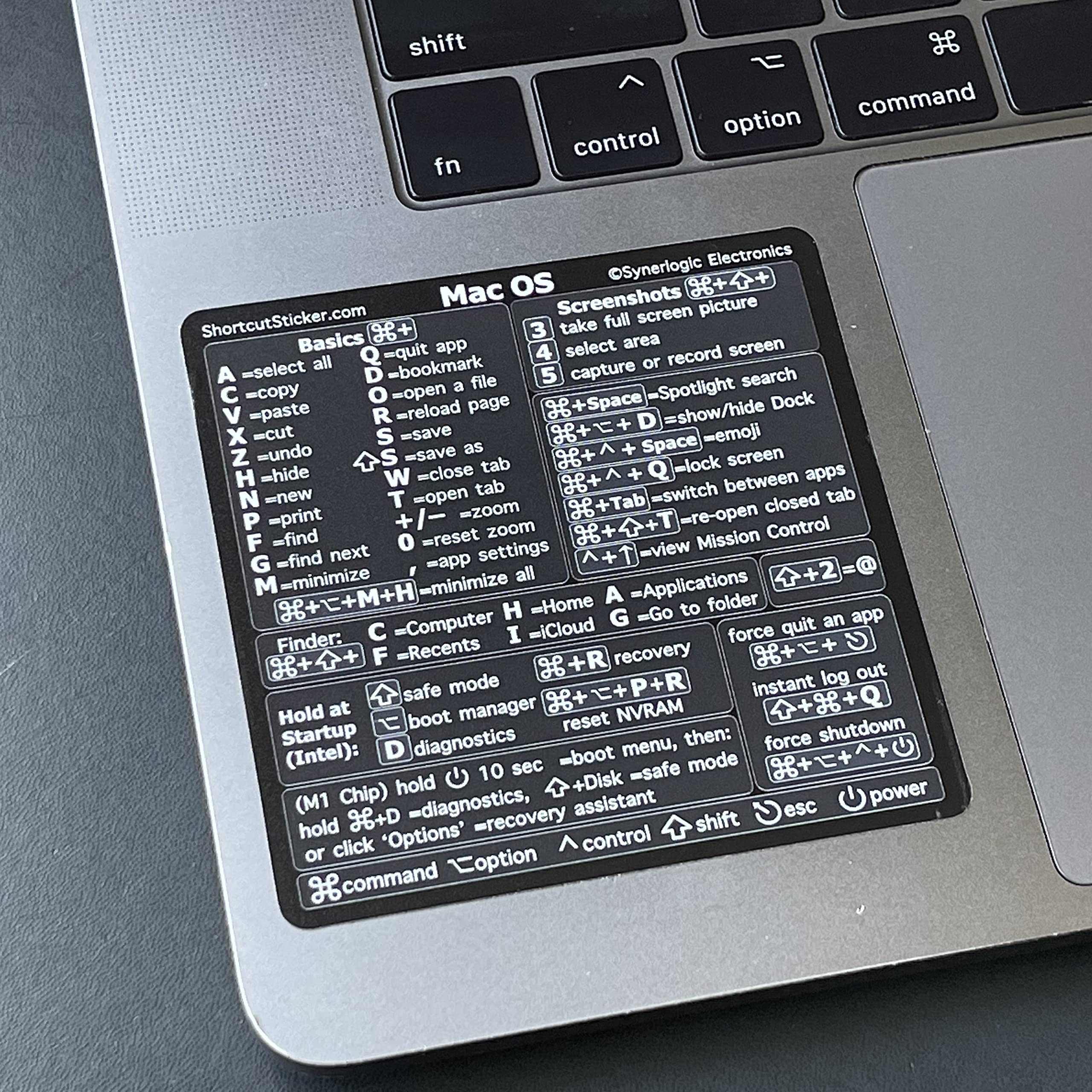 Synerlogic (M+Intel) Mac OS Reference Keyboard Vinyl Shortcut Stickers Compatible with MacBook Pro Air iMac Mini (4-Pack Black/White/Clear/Rainbow)