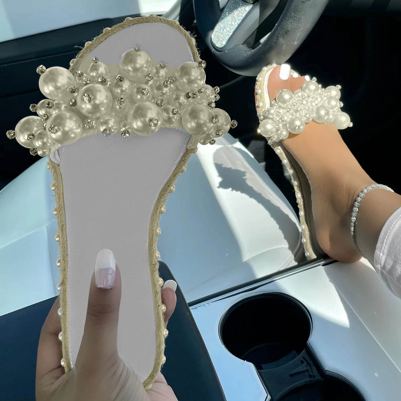 Aniywn Women's Pearl Sandals Casual Summer Beach Travel Indoor Outdoor Slipper Comfy Wide Width Flip Flops