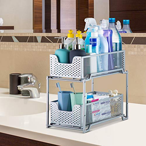 Bextsware Auledio Stackable 2 Tier Under Sink Cabinet Organizer with Sliding Storage Drawer, Silver