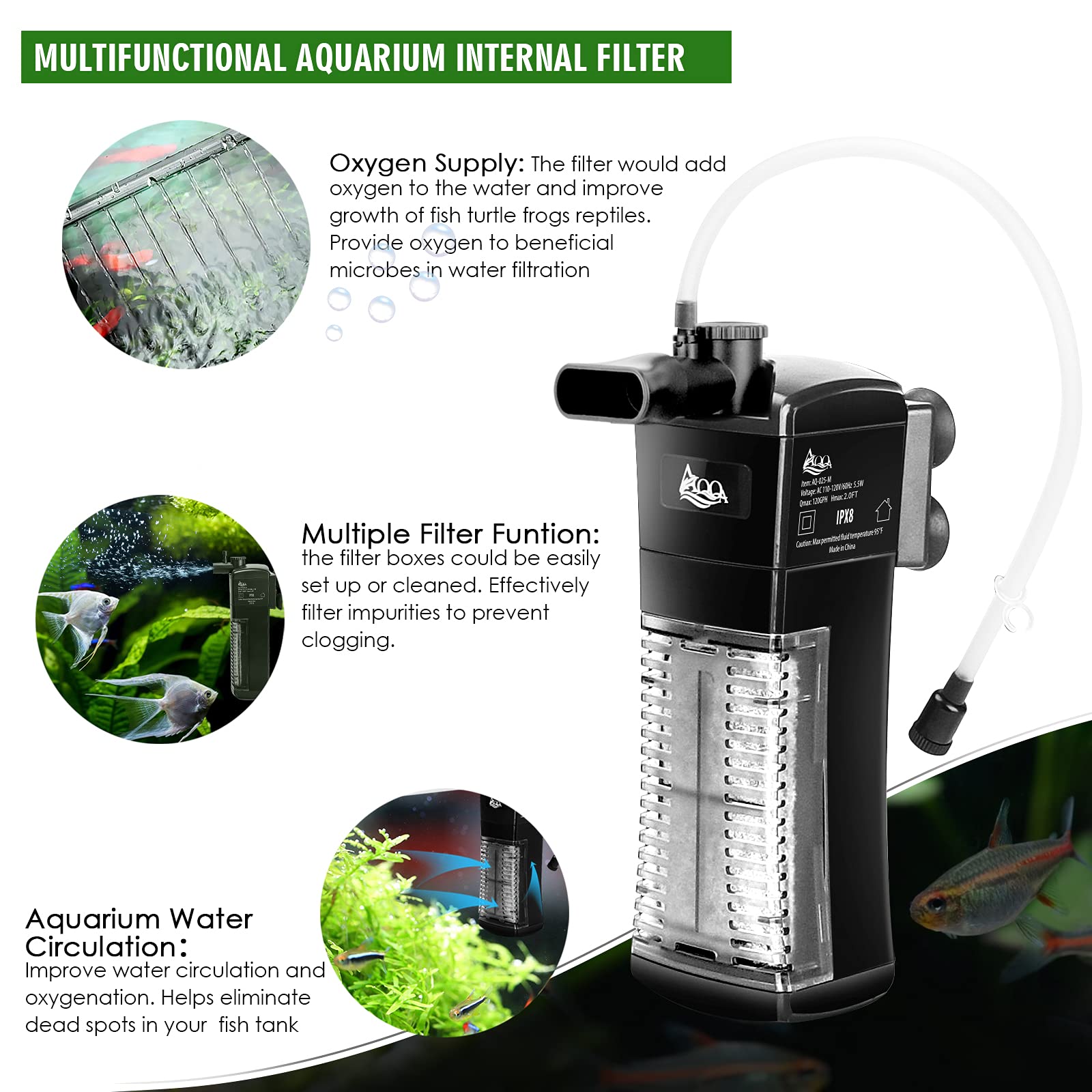 AQQA Aquarium Internal Filter Submersible Power Filter in-Tank with Adjustable Water Flow, Ultra Silent Sponge Filter for Fish Tank Water Crystal Clear